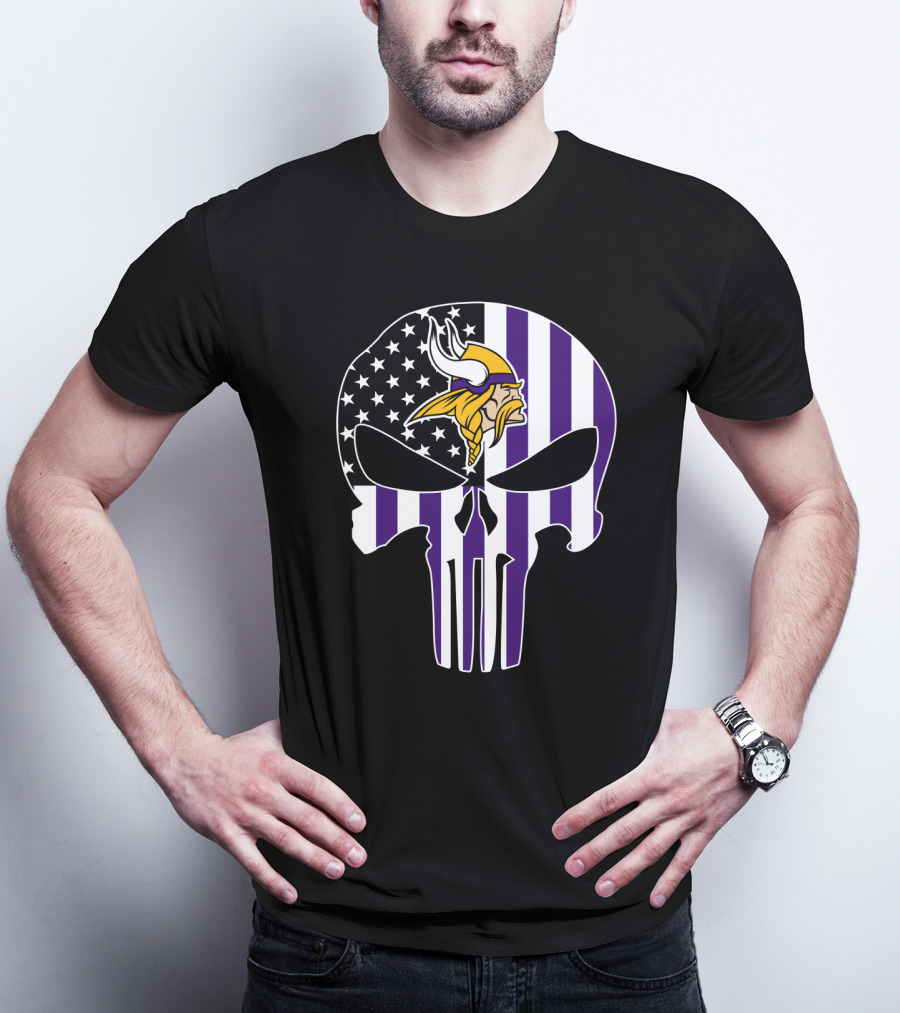 Minnesota Vikings Punisher American Flag Skull T-Shirt