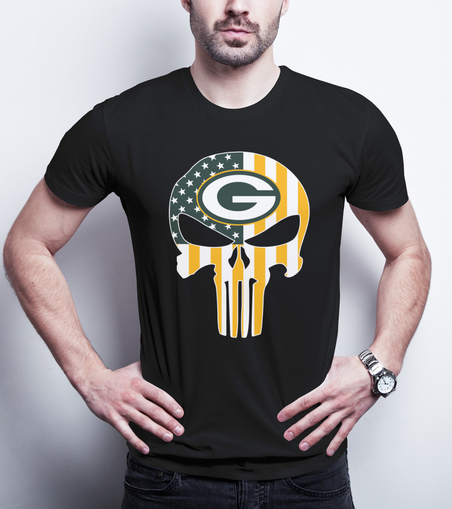 Green Bay Packers Punisher Skull American Flag T-Shirt