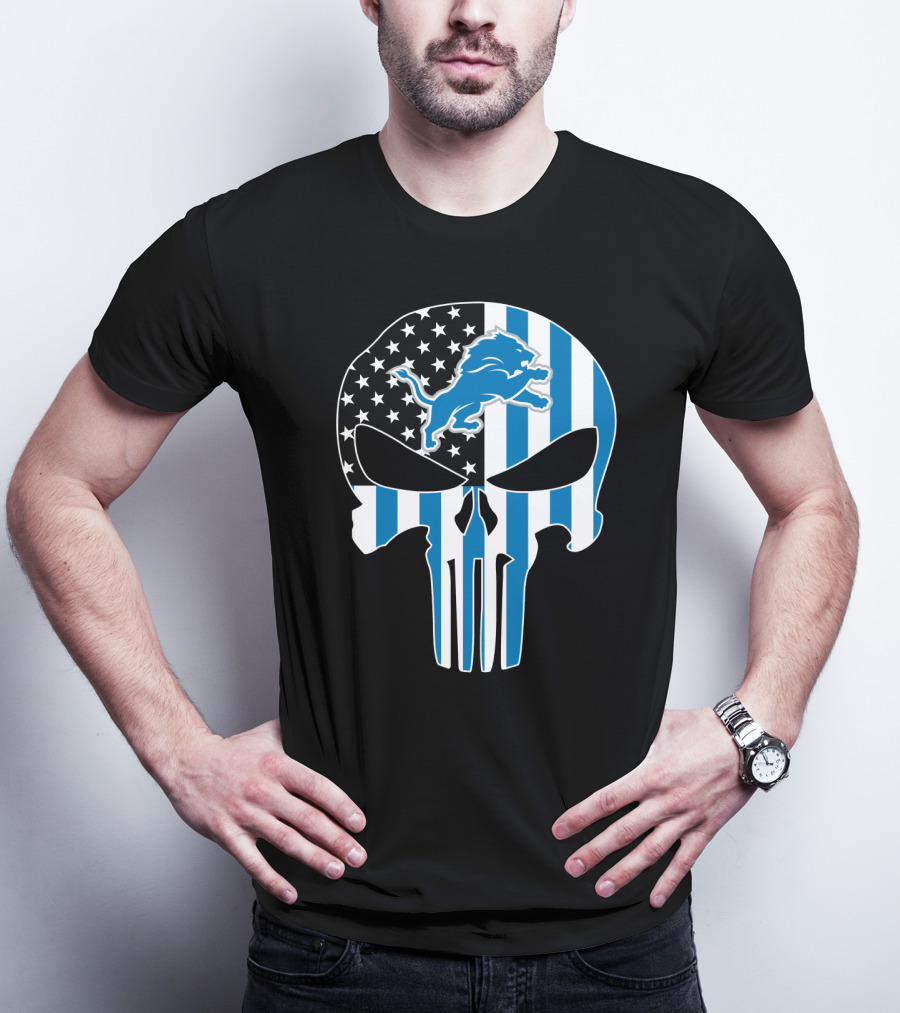 Detroit Lions Punisher Skull Logo American Flag T-Shirt