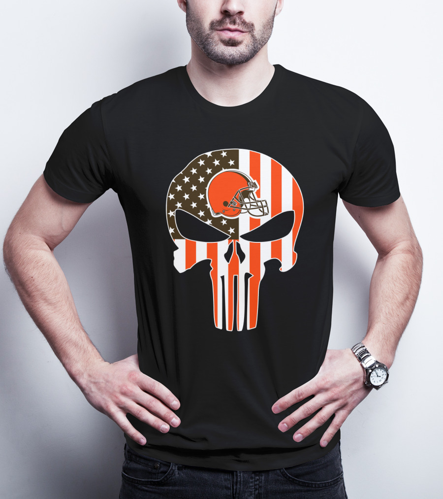 Cleveland Browns Skull American Flag Helmet T-Shirt