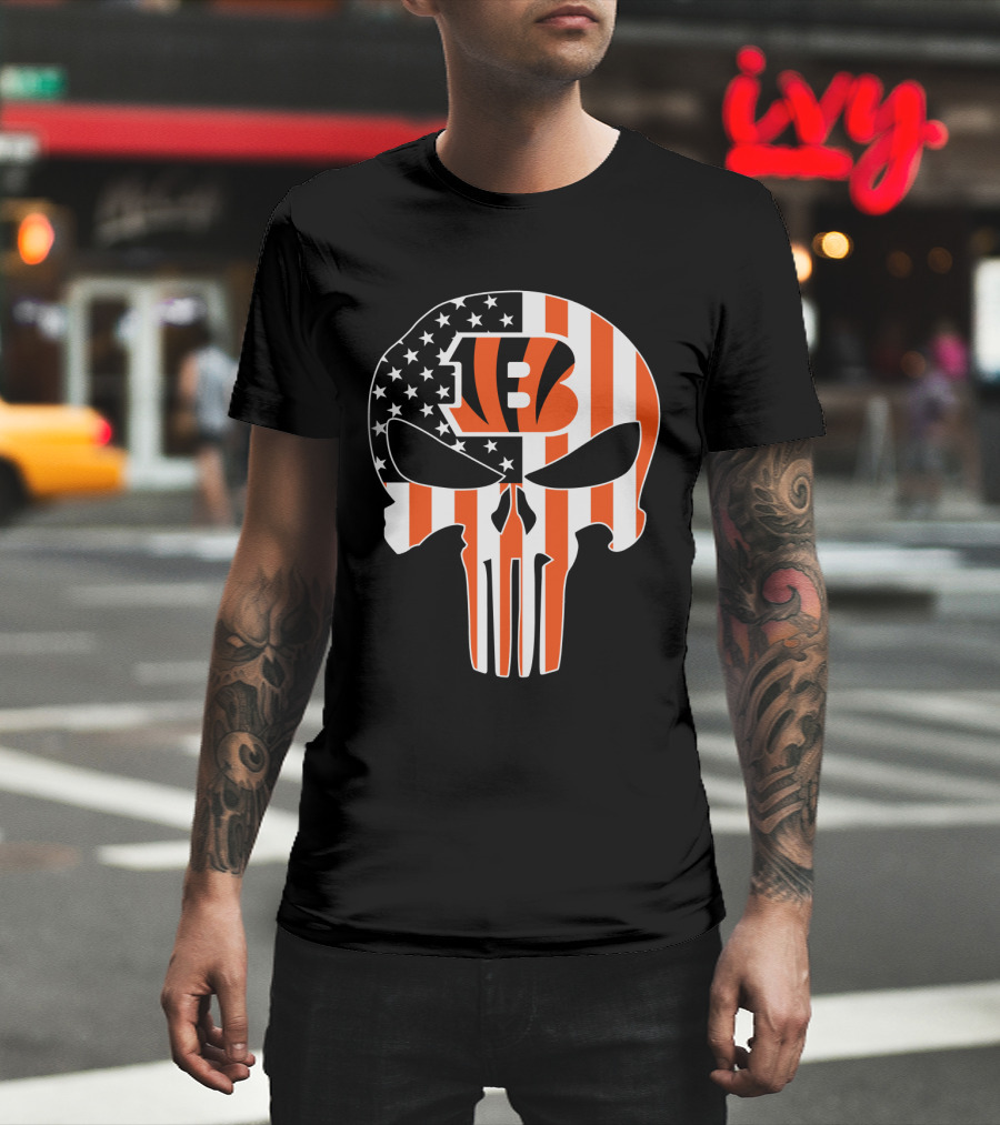 Bengals Skull American Flag Stripes T-Shirt