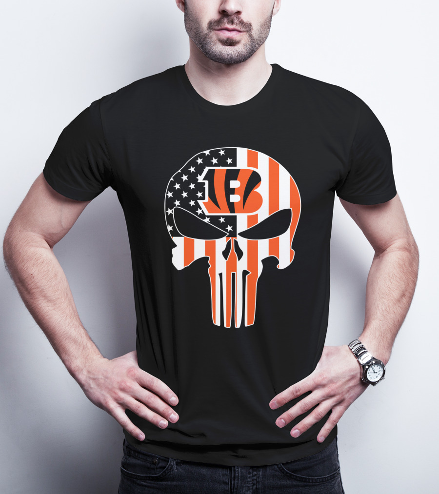 Bengals Skull American Flag Stripes T-Shirt