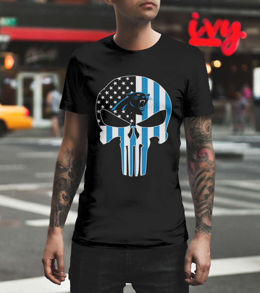 Carolina Panthers Punisher Skull American Flag T-Shirt