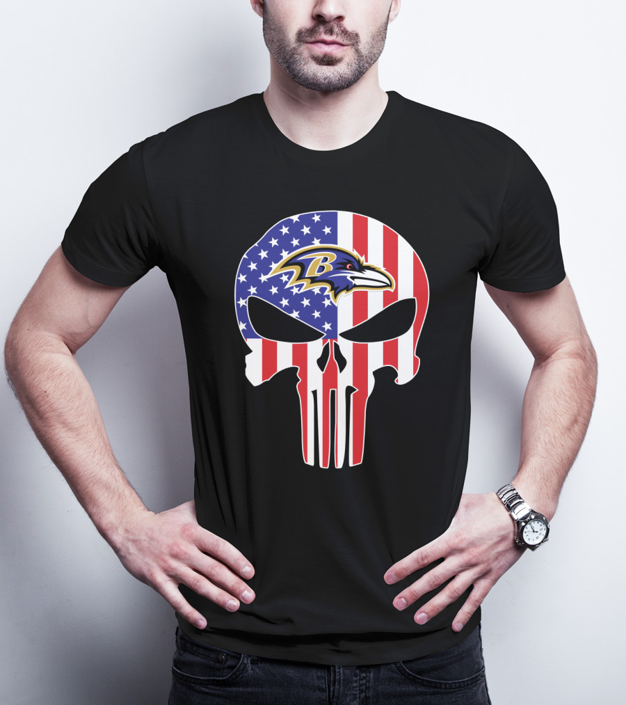 Ravens Skull American Flag Punisher Style T-Shirt