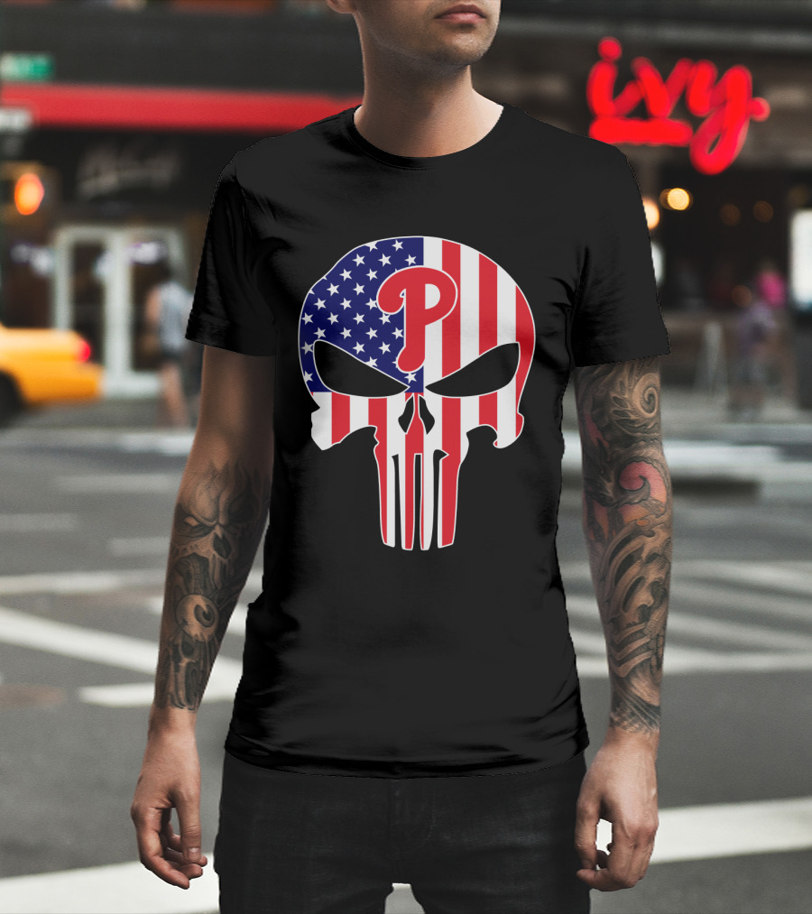Phillies American Flag Punisher Style Skull T-Shirt