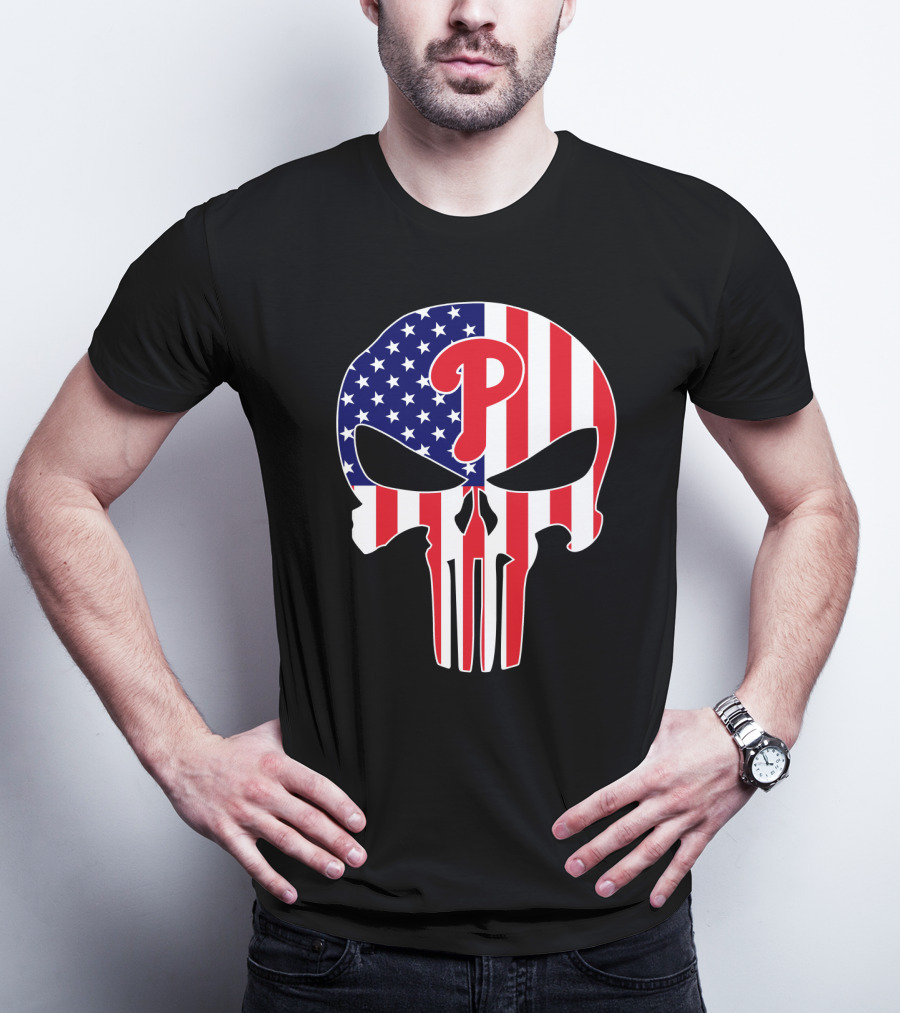 Phillies American Flag Punisher Style Skull T-Shirt