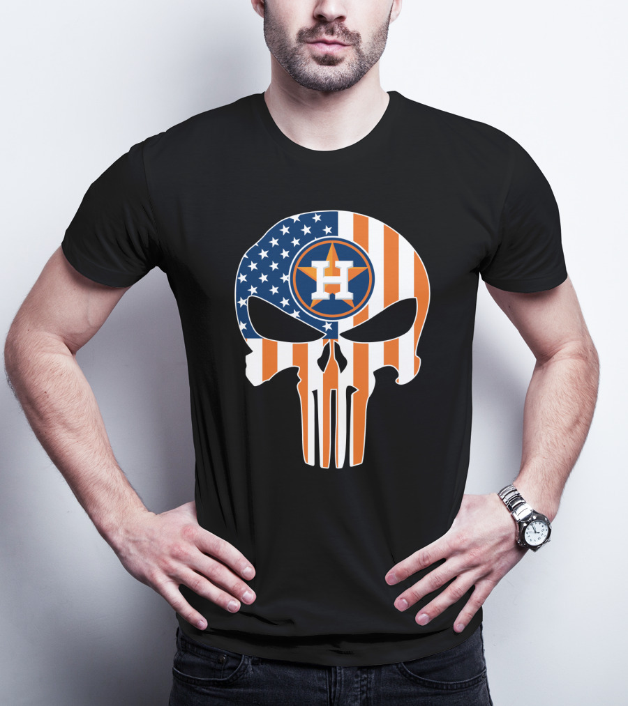 Houston Astros American Flag Skull Punisher Style T-Shirt