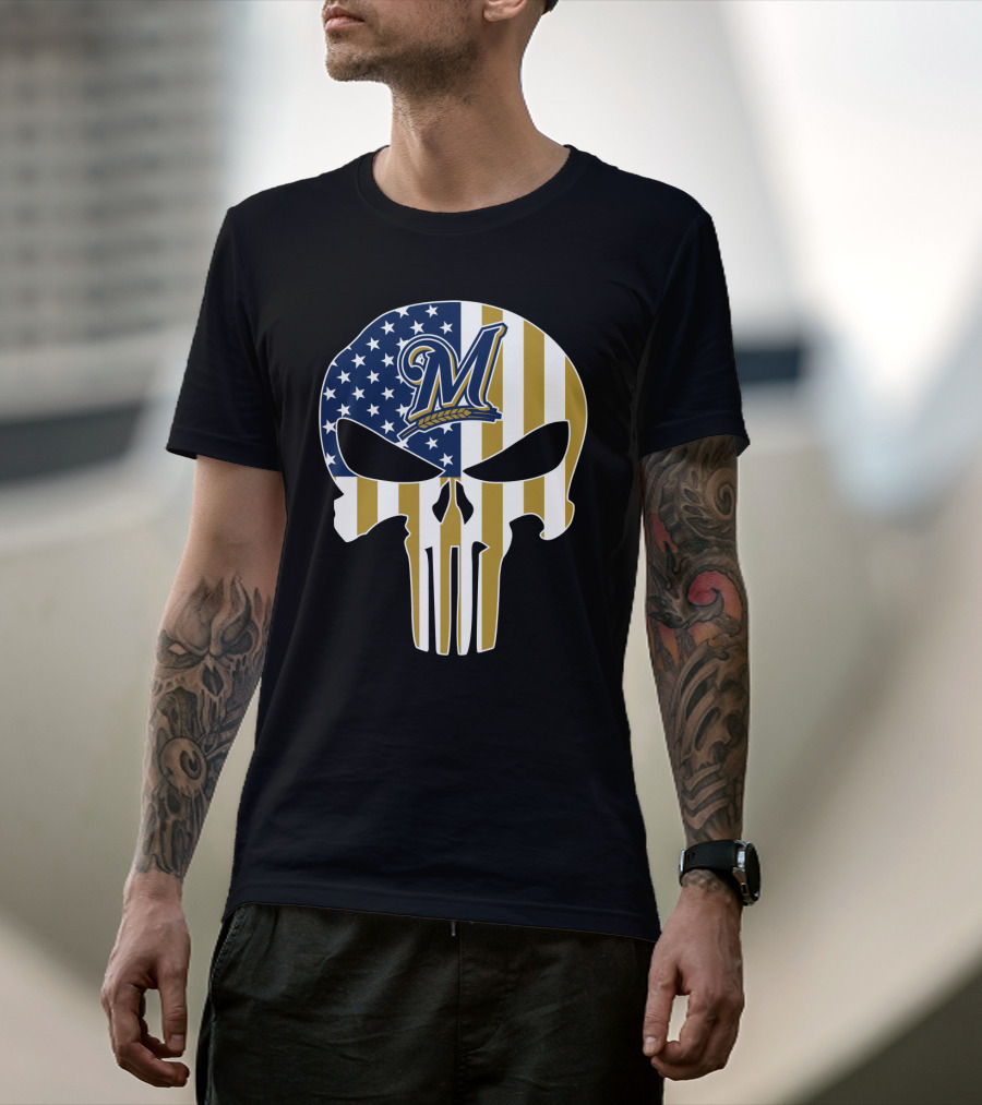 Milwaukee Brewers American Flag Skull T-Shirt