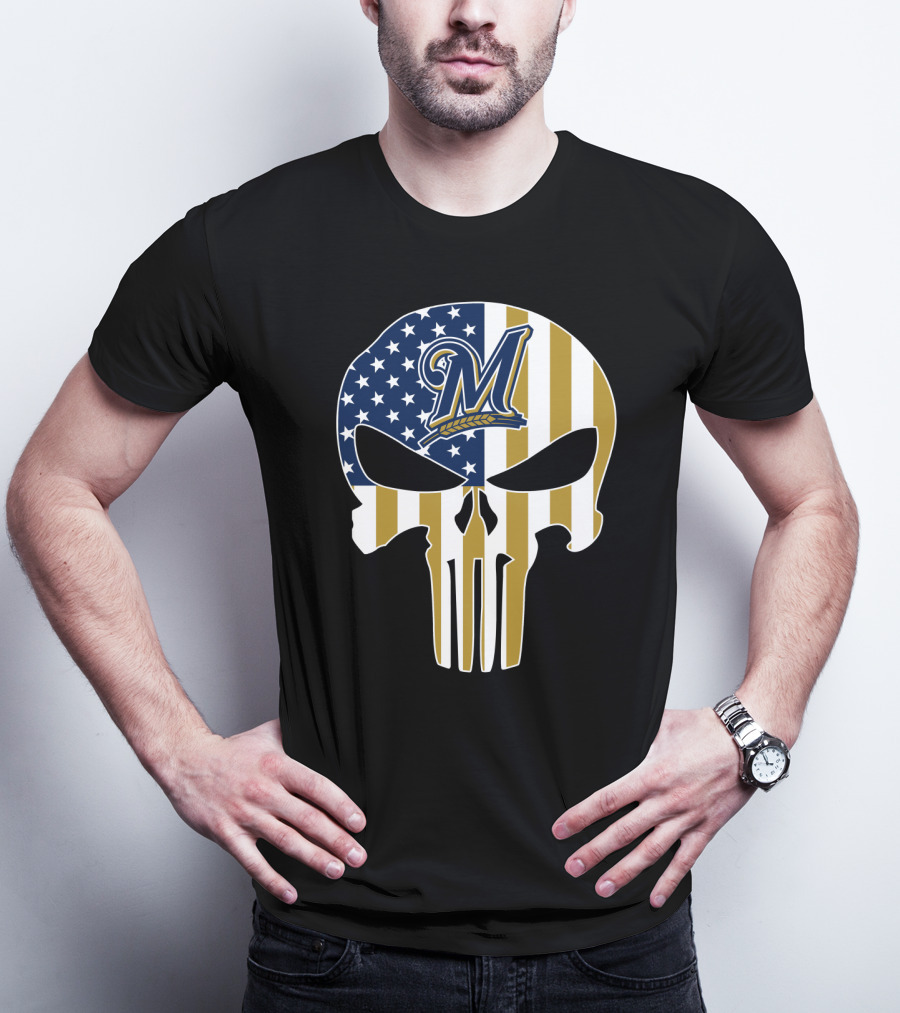 Milwaukee Brewers American Flag Skull T-Shirt