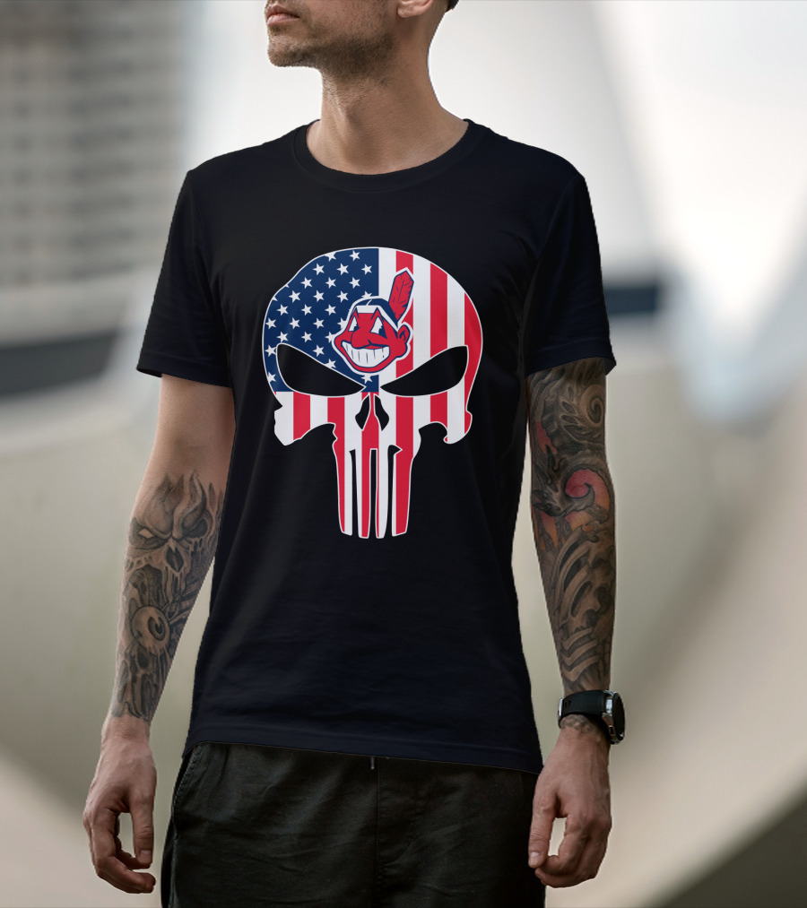 Cleveland Indians Punisher Skull American Flag T-Shirt