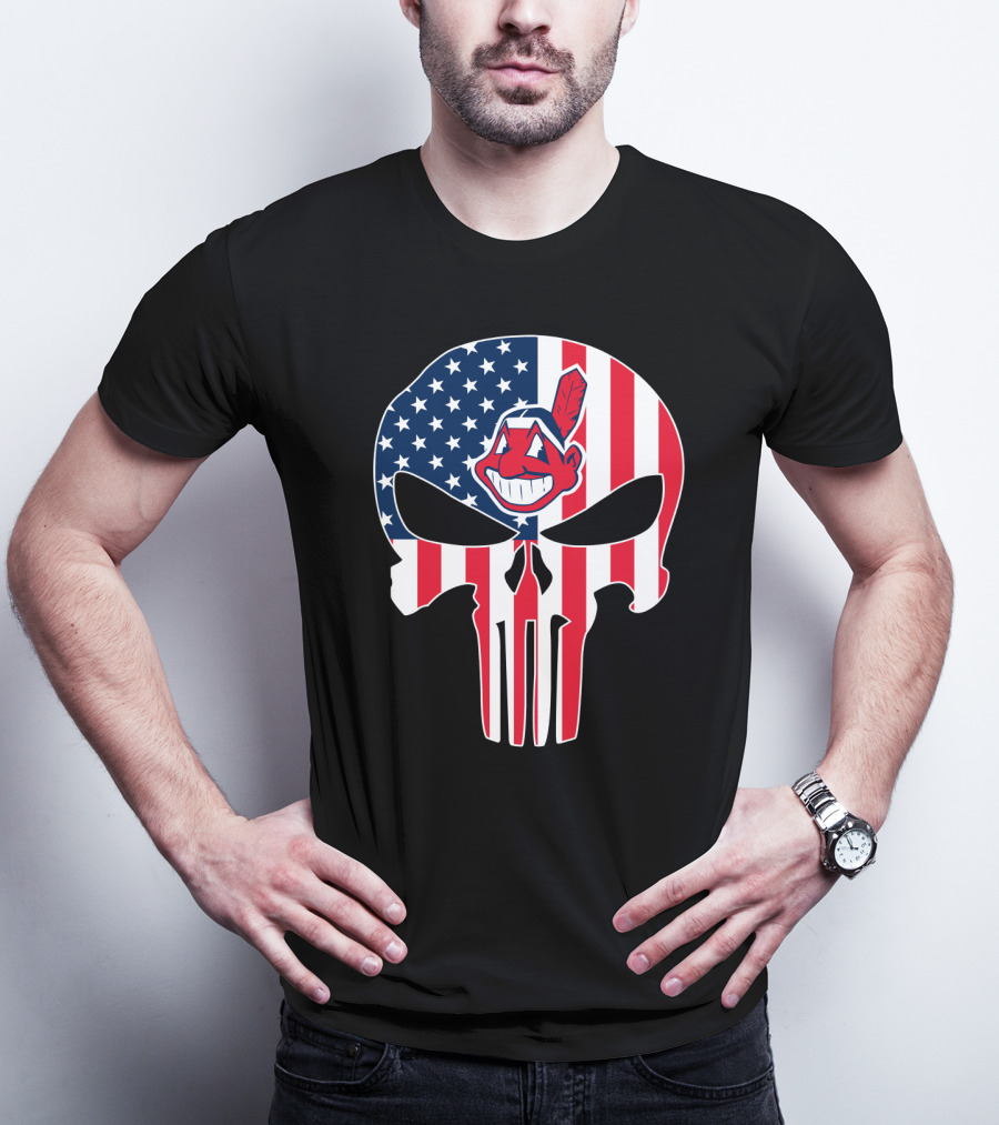 Cleveland Indians Punisher Skull American Flag T-Shirt