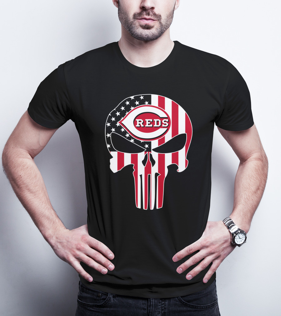 Cincinnati Reds American Flag Skull T-Shirt