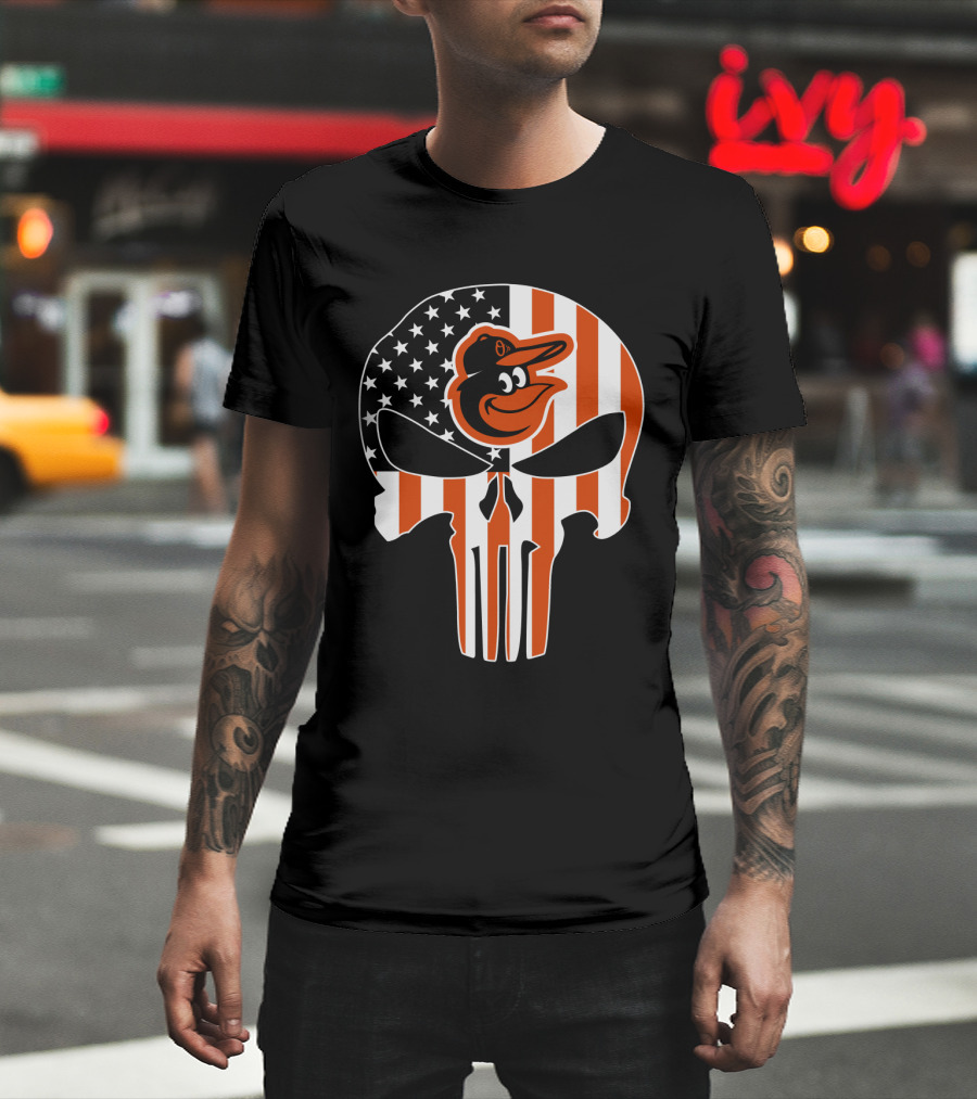 Baltimore Orioles Punisher Skull American Flag T-Shirt