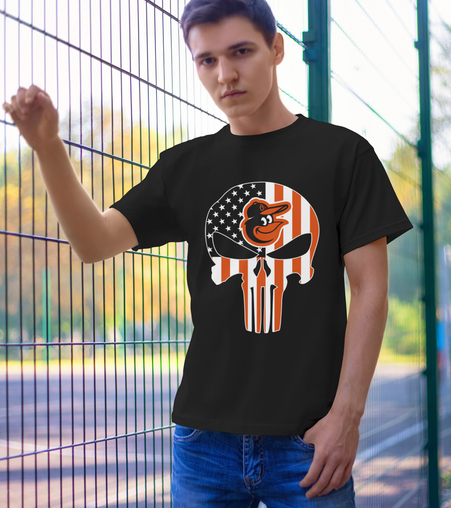 Baltimore Orioles Punisher Skull American Flag T-Shirt