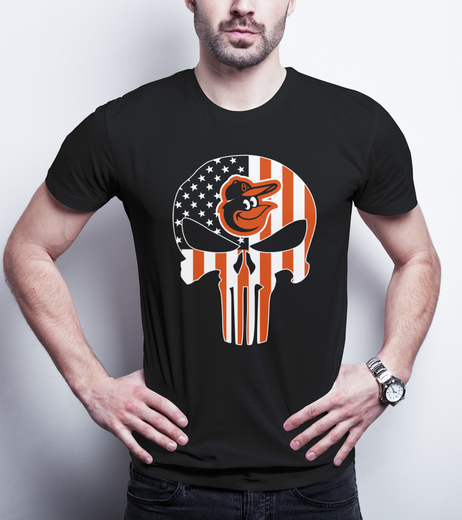 Baltimore Orioles Punisher Skull American Flag T-Shirt