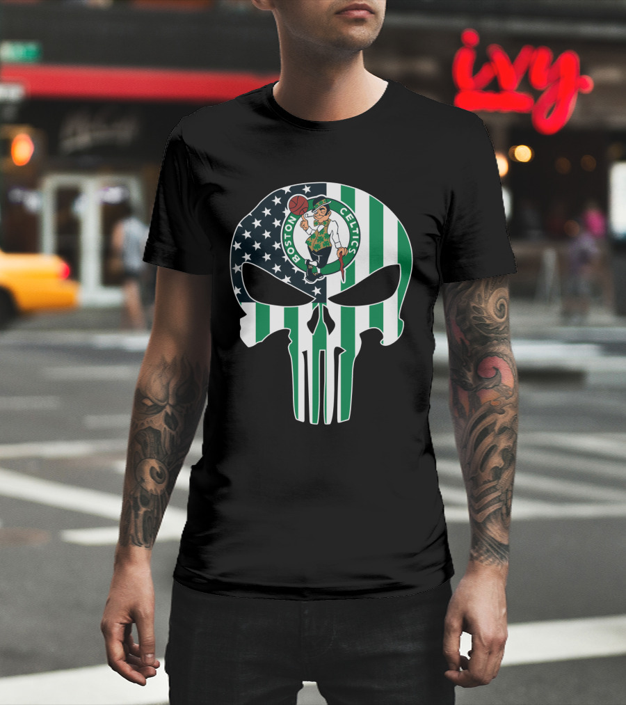 Boston Celtics American Flag Punisher Skull T-Shirt