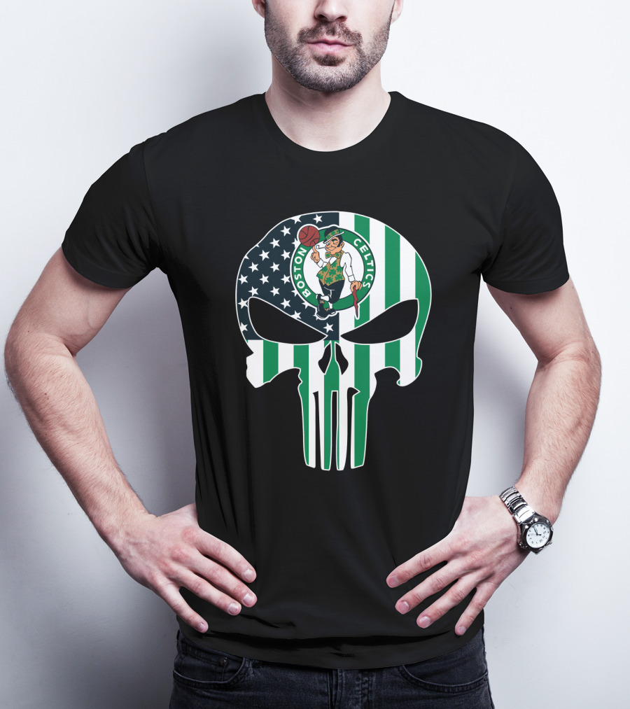 Boston Celtics American Flag Punisher Skull T-Shirt