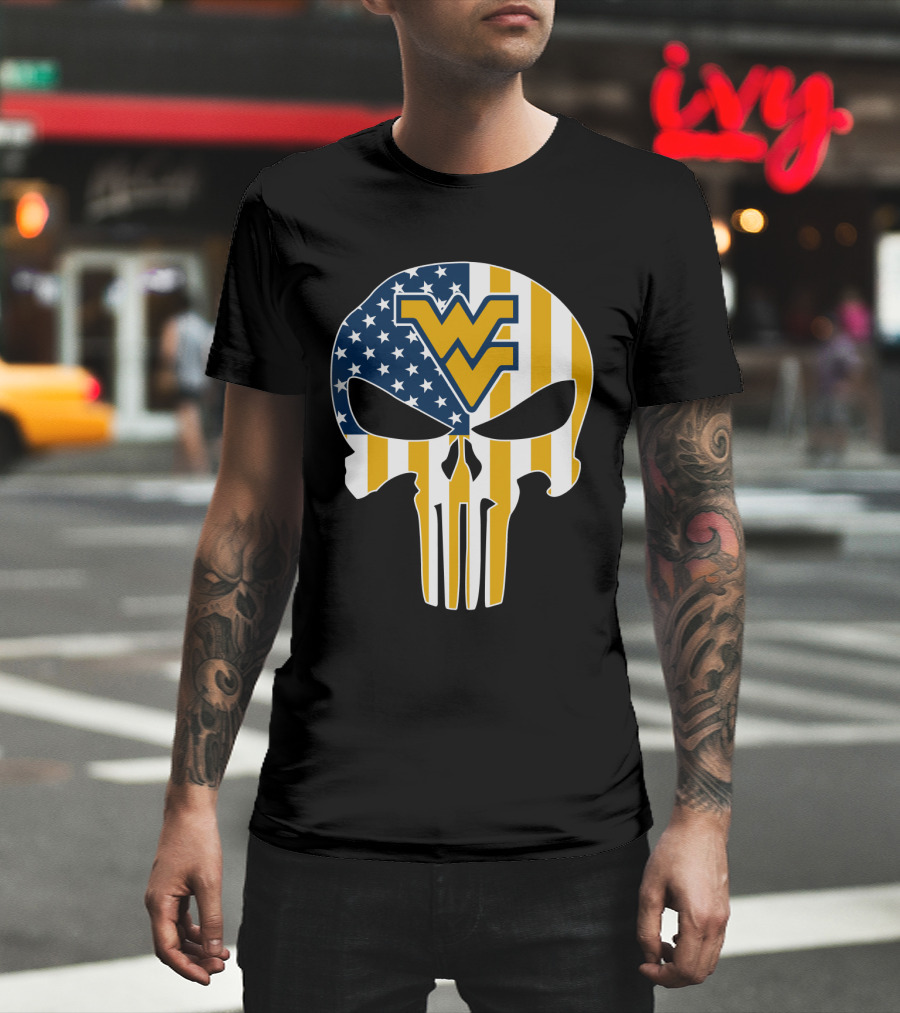 Wv American Flag Punisher Style West Virginia Mountaineers T-Shirt