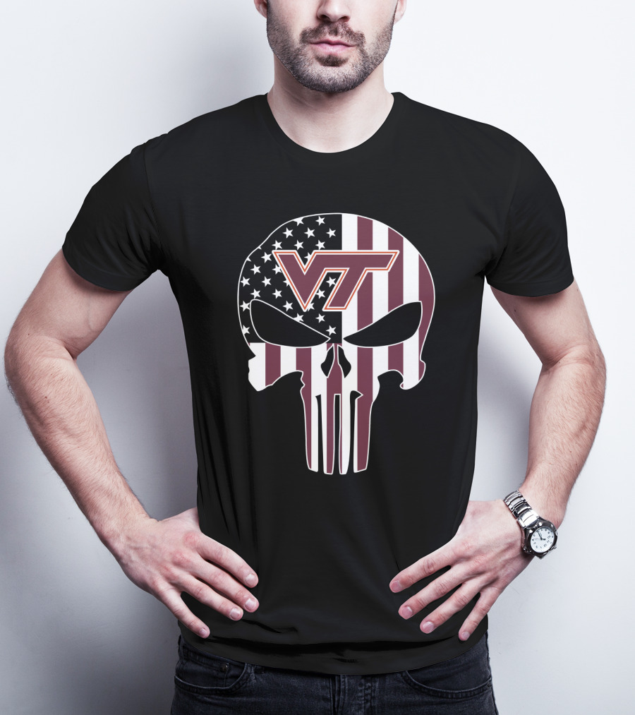 Virginia Tech Hokies Vt American Flag Skull T-Shirt