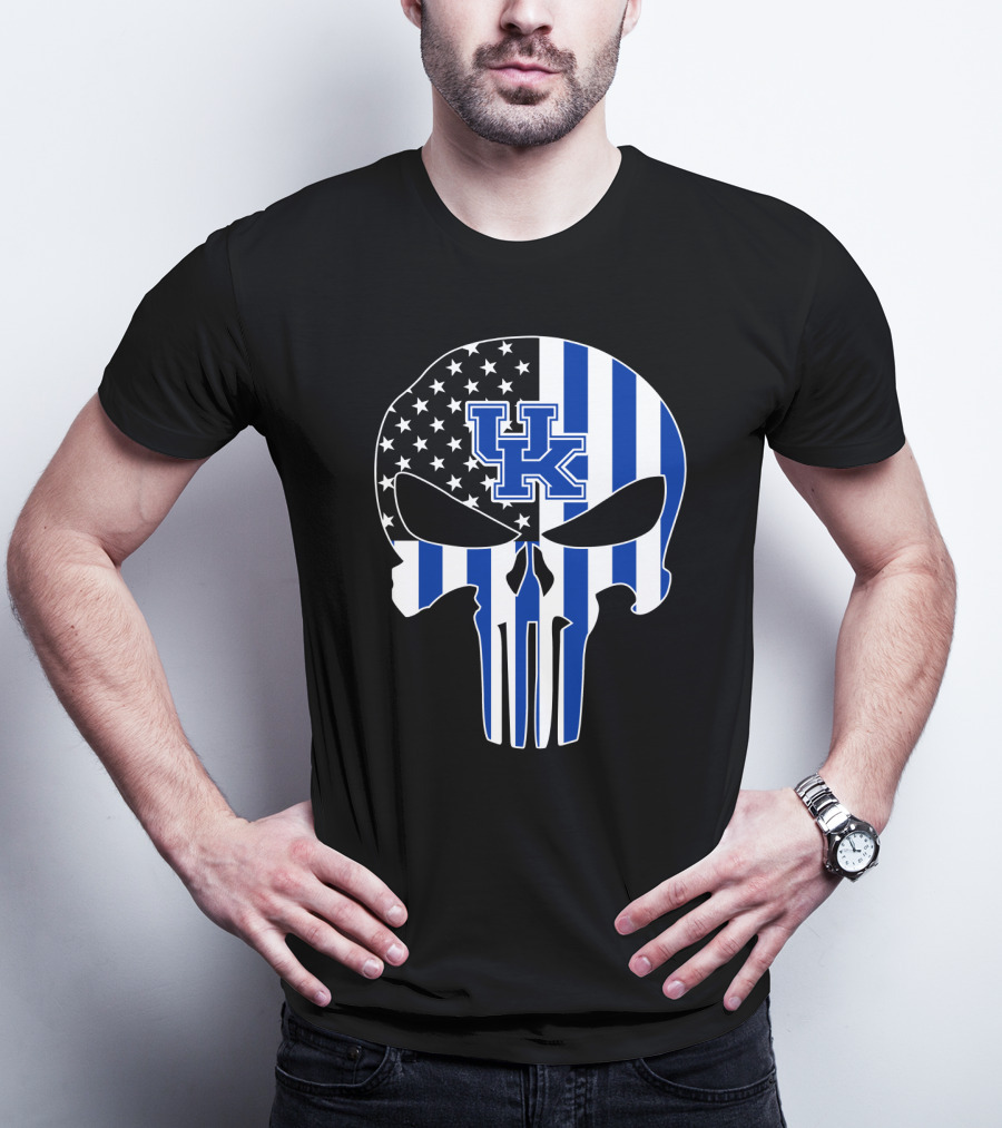 Uk Wildcats Punisher Skull American Flag Blue Stripes T-Shirt
