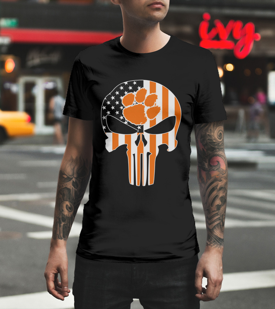 Clemson Tigers Paw Skull American Flag T-Shirt
