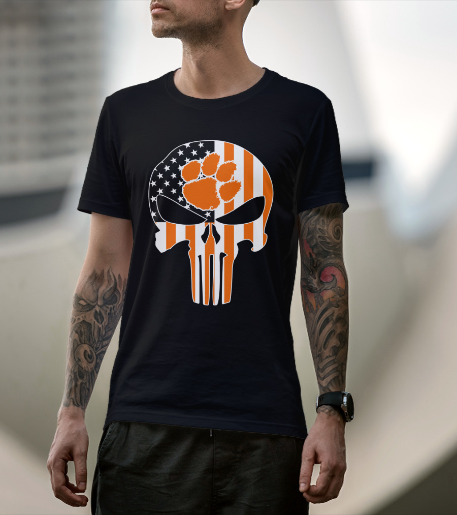 Clemson Tigers Paw Skull American Flag T-Shirt