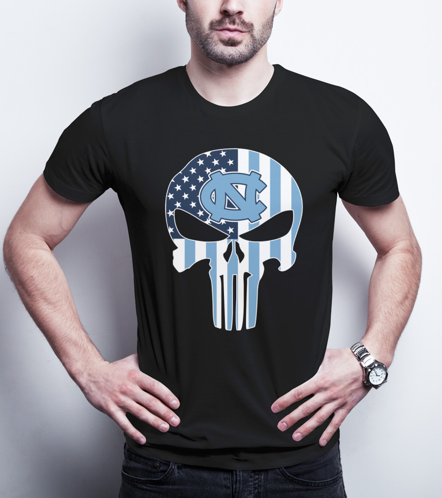 North Carolina Tar Heels Skull American Flag T-Shirt