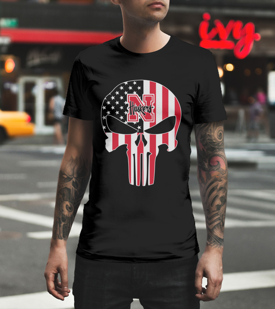 Nebraska Cornhuskers American Flag Skull Punisher T-Shirt