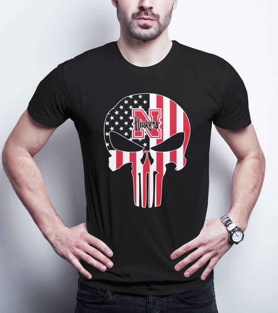 Nebraska Cornhuskers American Flag Skull Punisher T-Shirt