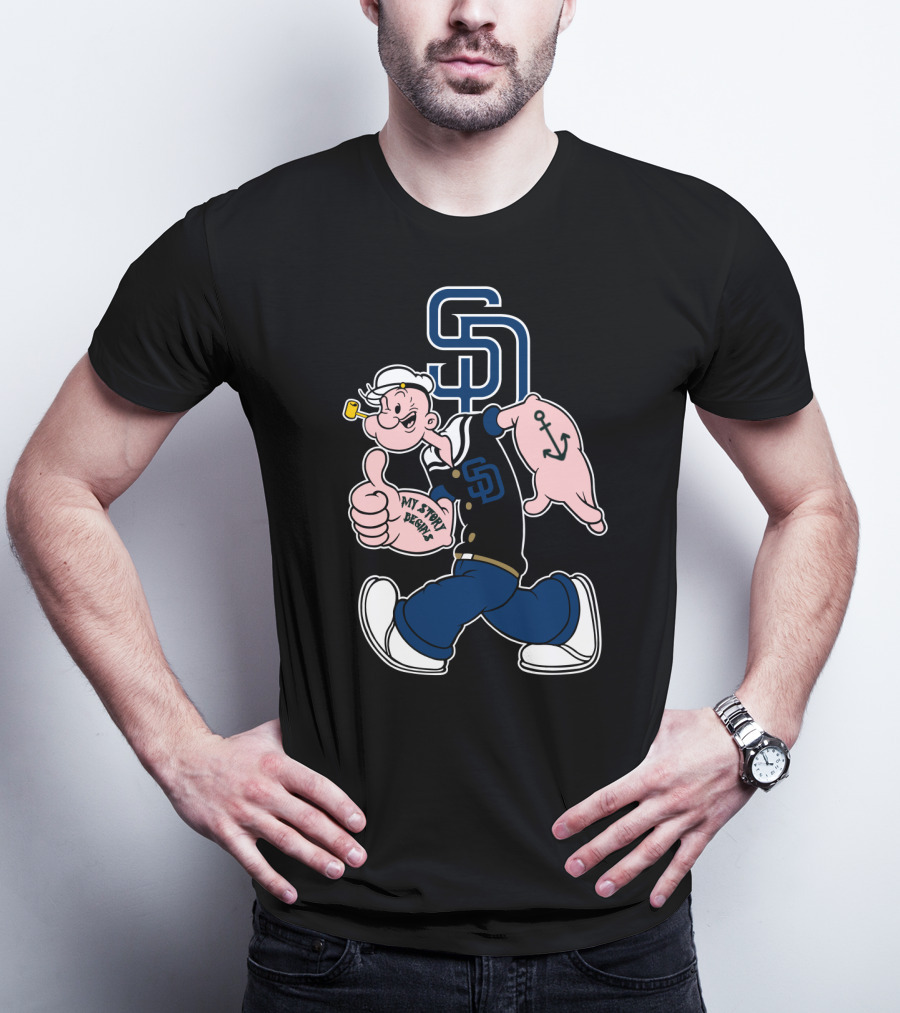 San Diego Padres Popeye Character With Sd Logo And Anchor Tattoo T-Shirt