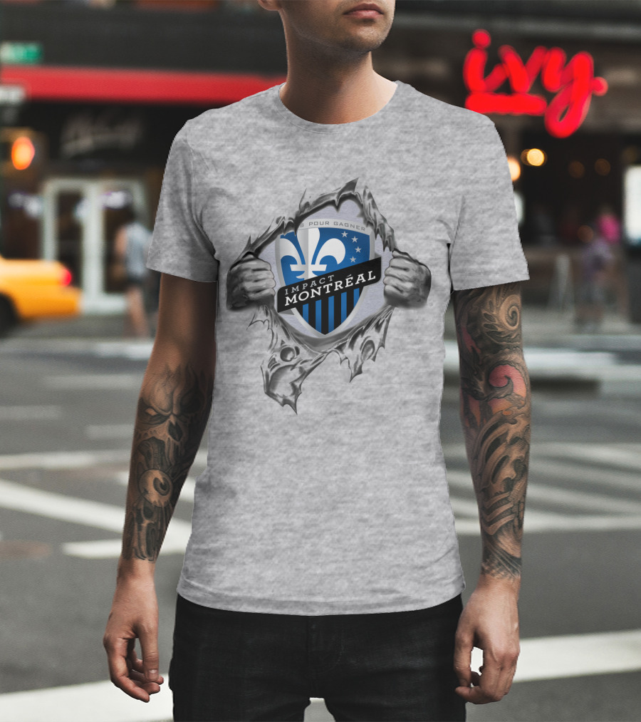 Impact Montreal Saputo Tout Pour Gagner Fleur-De-Lis Logo Hands Ripping T-Shirt