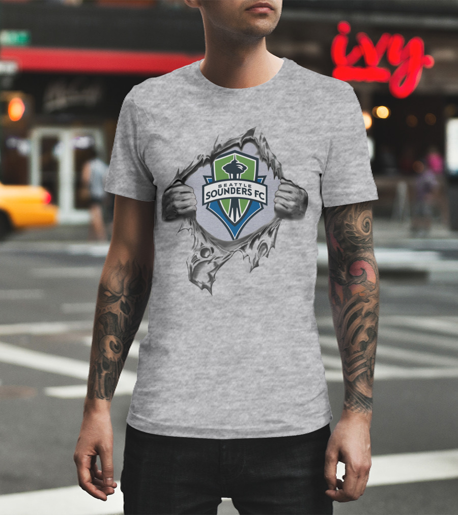 Seattle Sounders Fc Space Needle Emblem Peeking Through Ripped T-Shirt