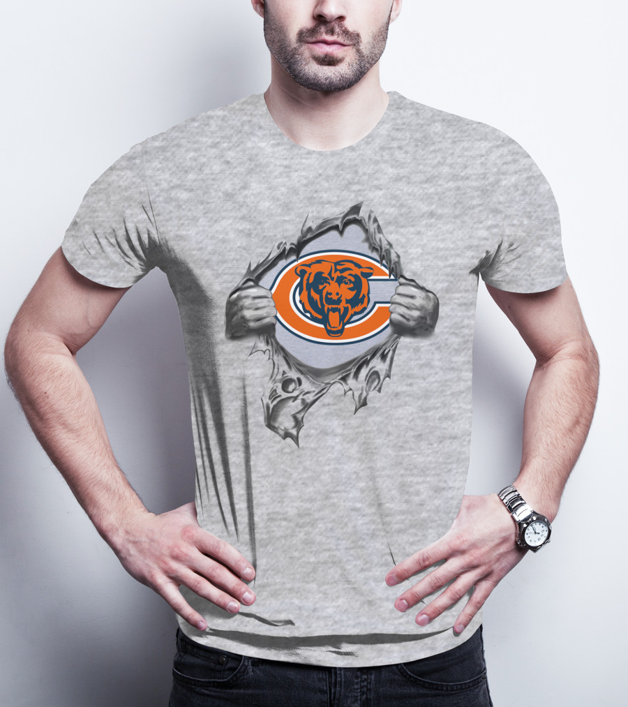 Chicago Bears Logo In Ripped Background With Orange Bear Face T-Shirt
