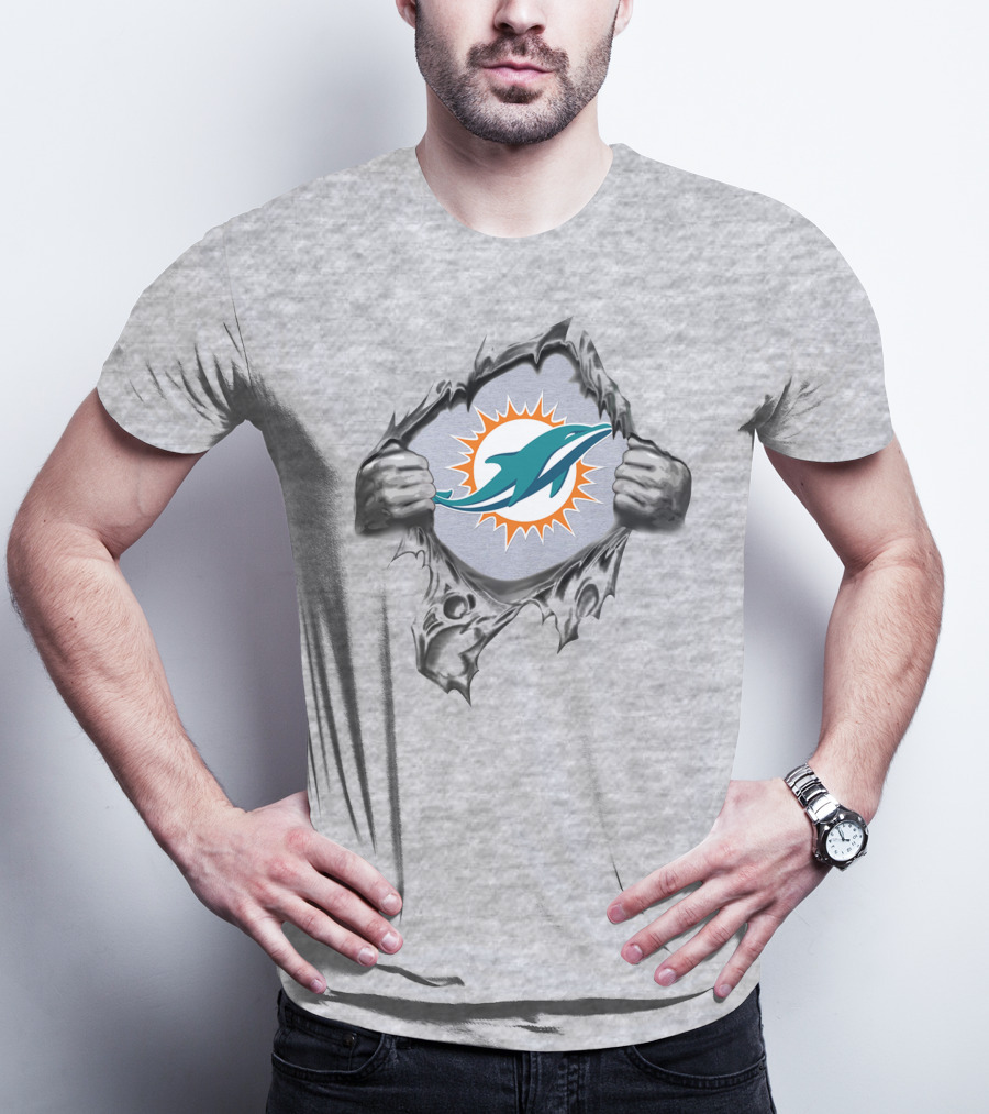 Miami Dolphins Logo In Ripped Metal Design Featuring Team T-Shirt