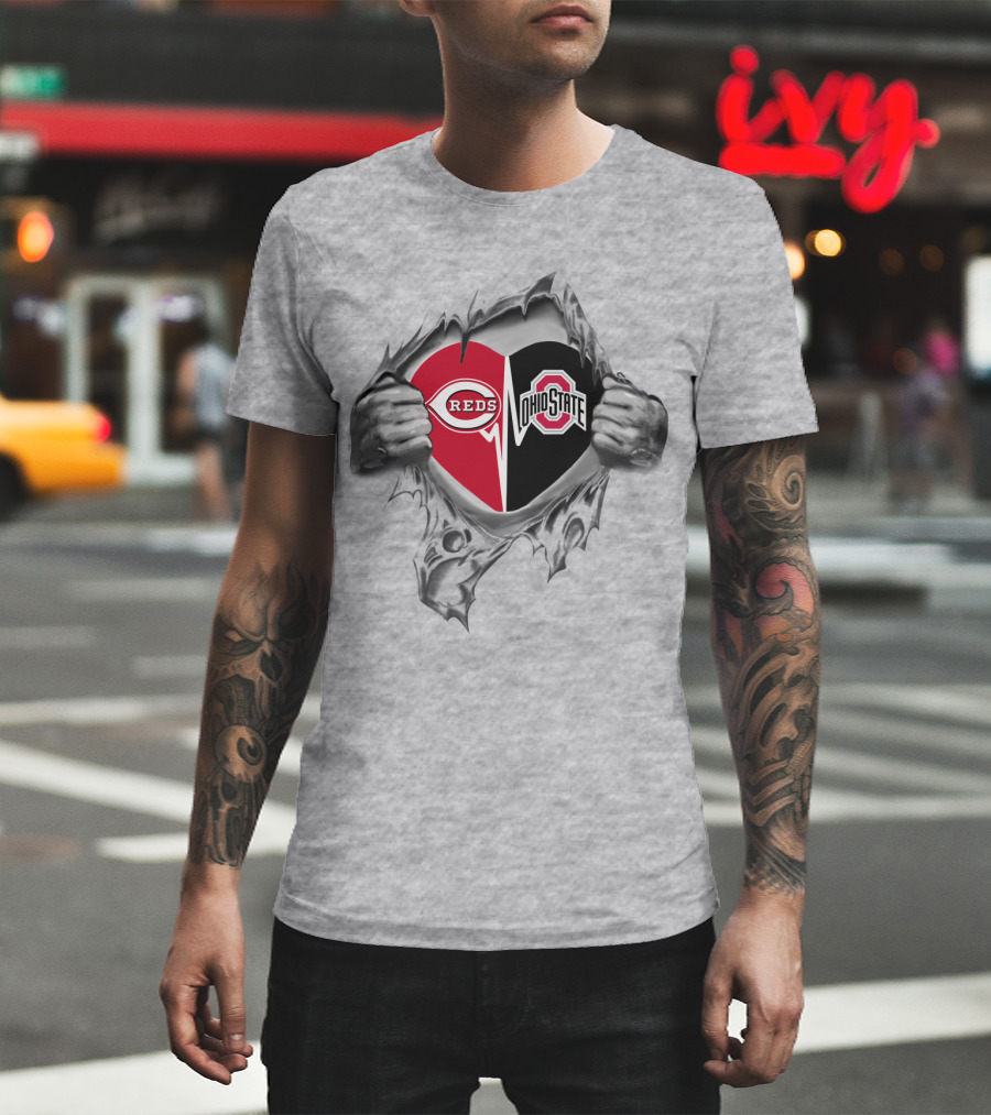 Reds Ohio State Buckeyes Heart Graphic With Torn Effect T-Shirt