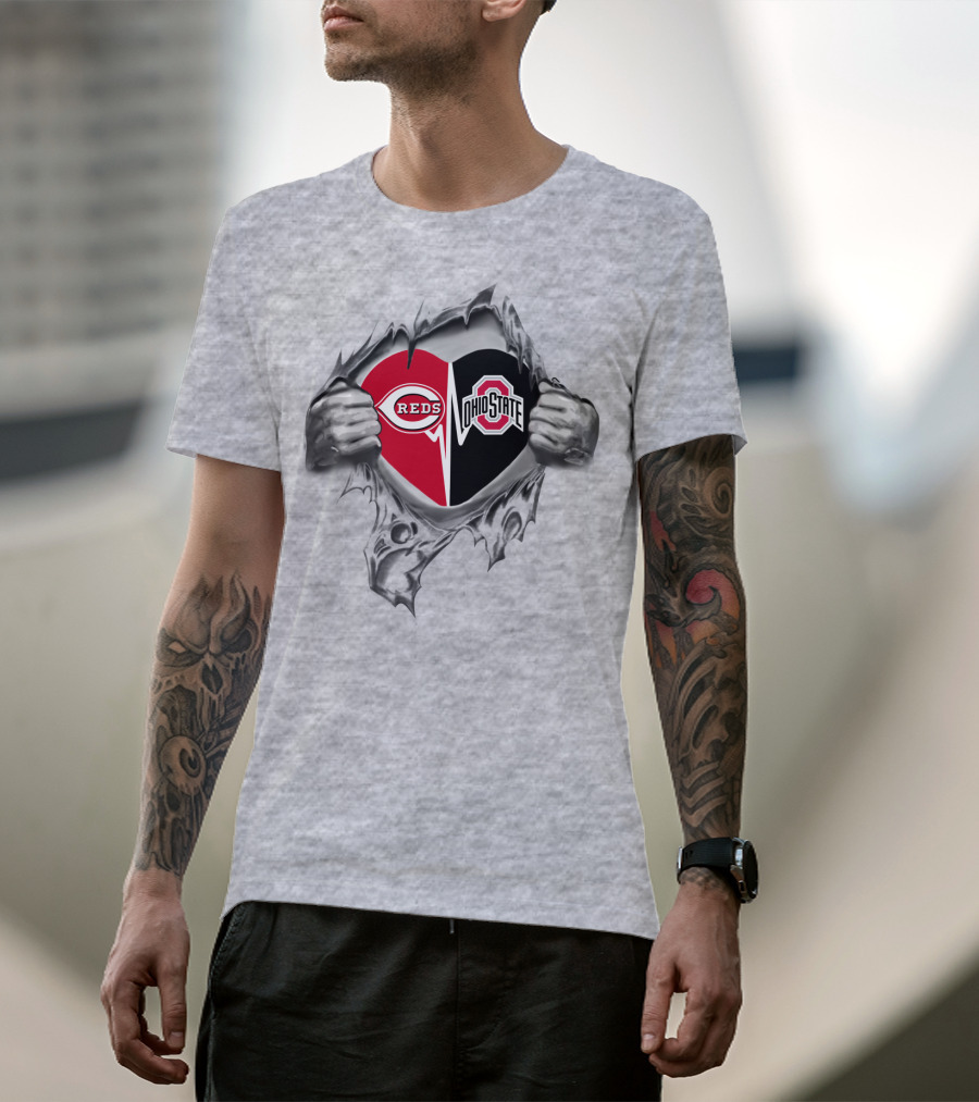 Reds Ohio State Buckeyes Heart Graphic With Torn Effect T-Shirt