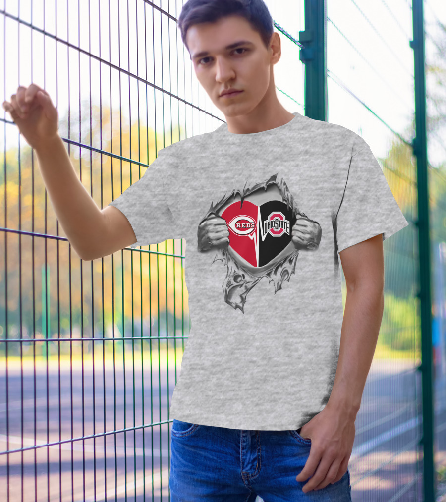 Reds Ohio State Buckeyes Heart Graphic With Torn Effect T-Shirt