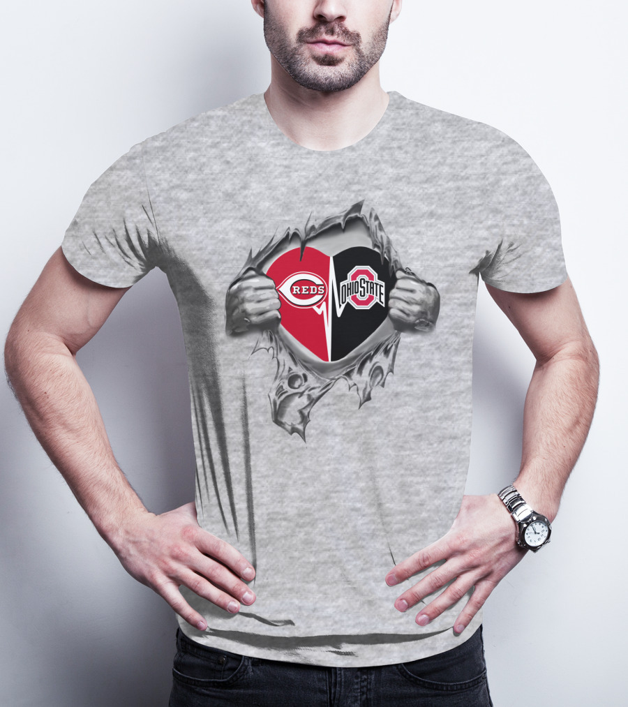 Reds Ohio State Buckeyes Heart Graphic With Torn Effect T-Shirt