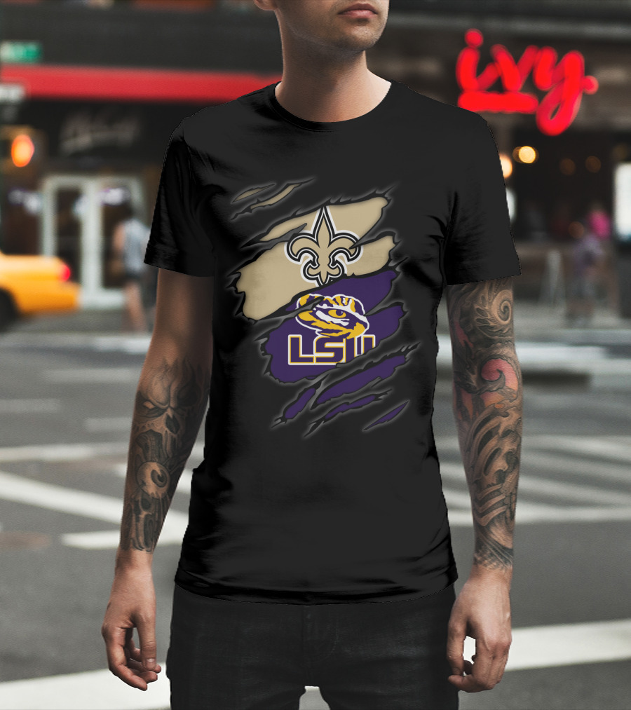 New Orleans Saints Fleur-De-Lis And Lsu Tigers Logo Blend T-Shirt