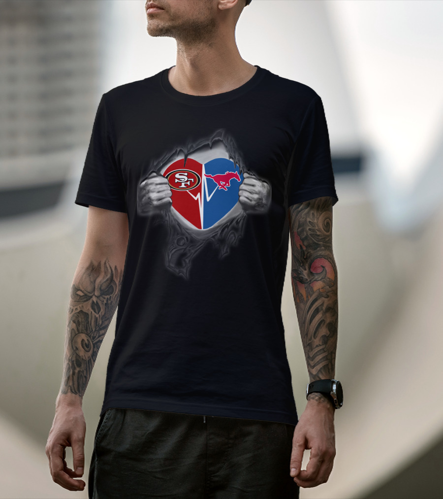 San Francisco 49ers Heart With Smu Mustangs Logo On Distressed Black T-Shirt