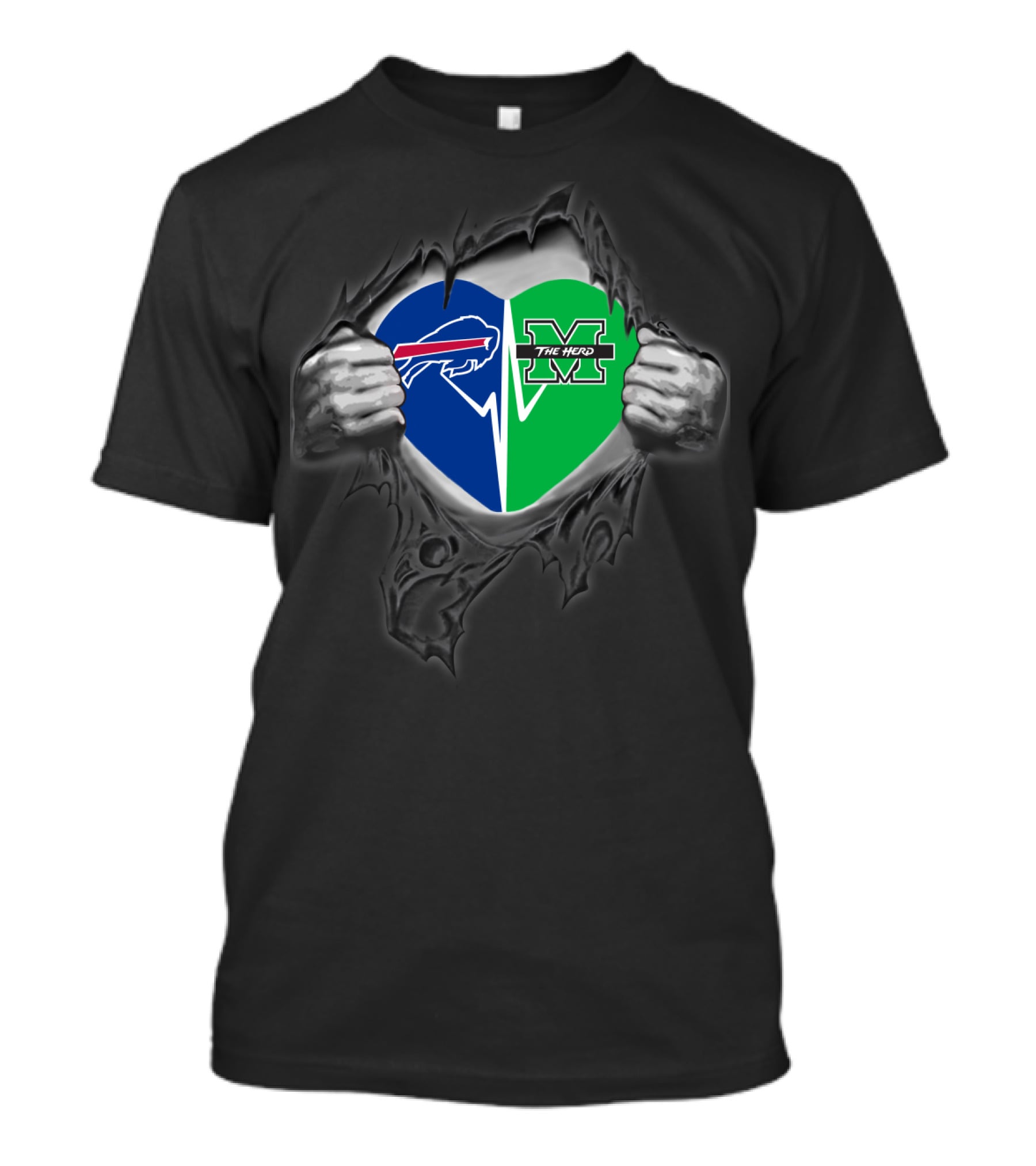 Buffalo Bills And Marshall Thundering Herd Heart Emblem With Torn Hands T-Shirt