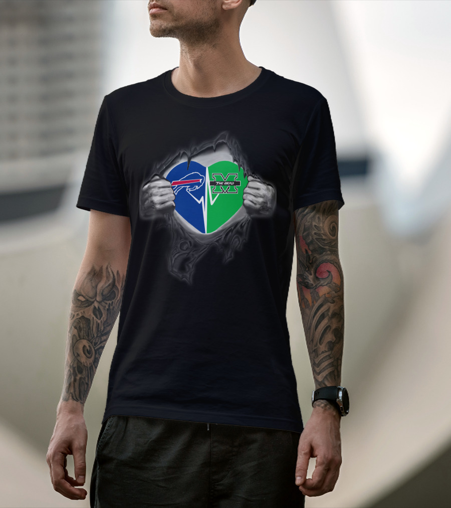 Buffalo Bills And Marshall Thundering Herd Heart Emblem With Torn Hands T-Shirt