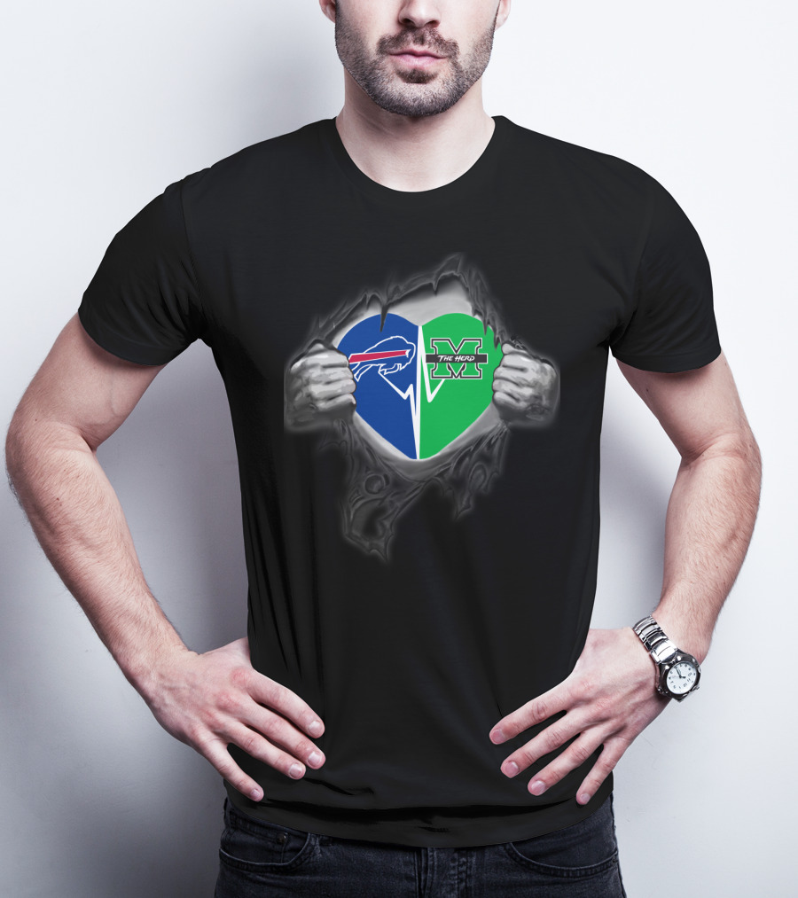 Buffalo Bills And Marshall Thundering Herd Heart Emblem With Torn Hands T-Shirt