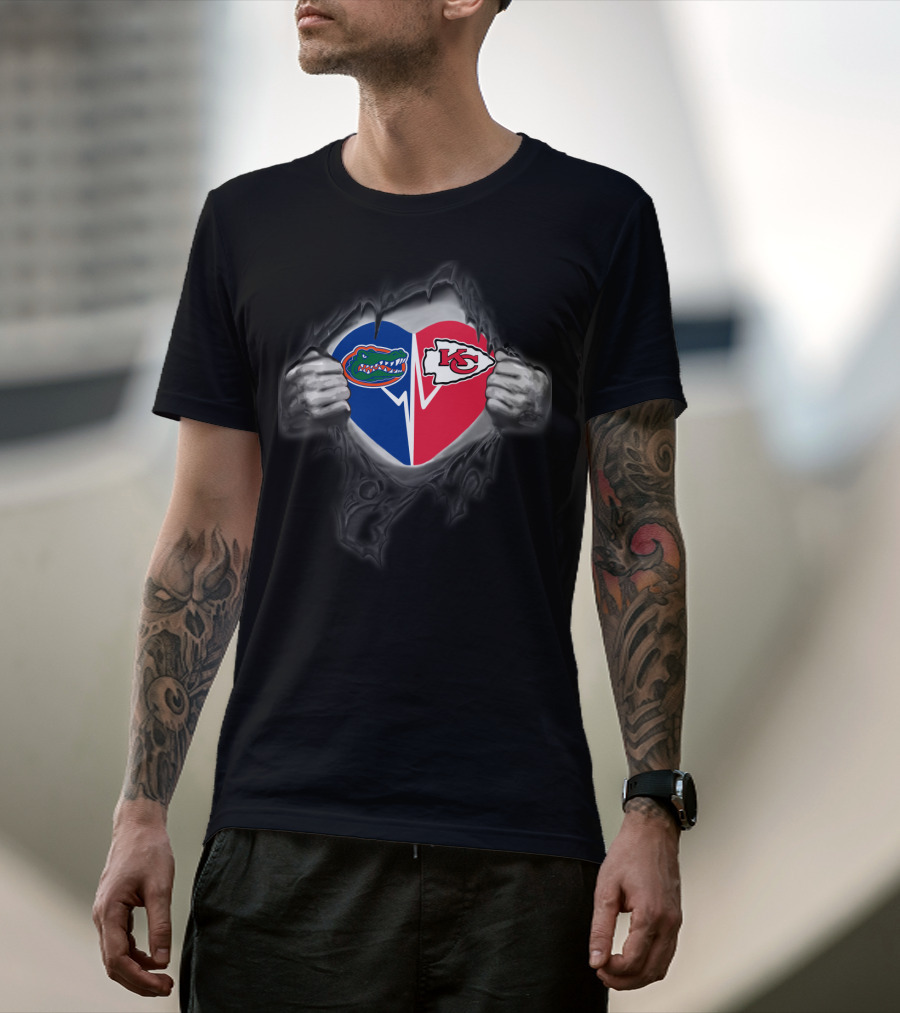 Florida Gators And Kansas City Chiefs Heart Symbol With Torn Effect T-Shirt