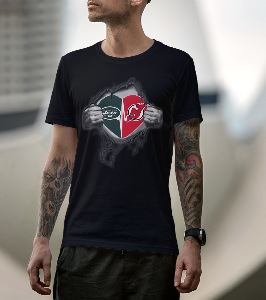 Jets New Jersey Devils Heart Logos T-Shirt