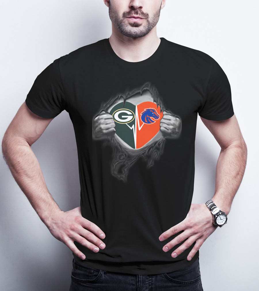 Green Bay Packers And Boise State Broncos Heart T-Shirt