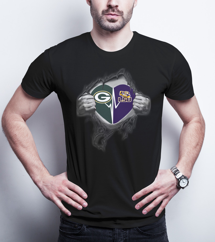 Green Bay Packers And Lsu Tigers Heart Ripped T-Shirt