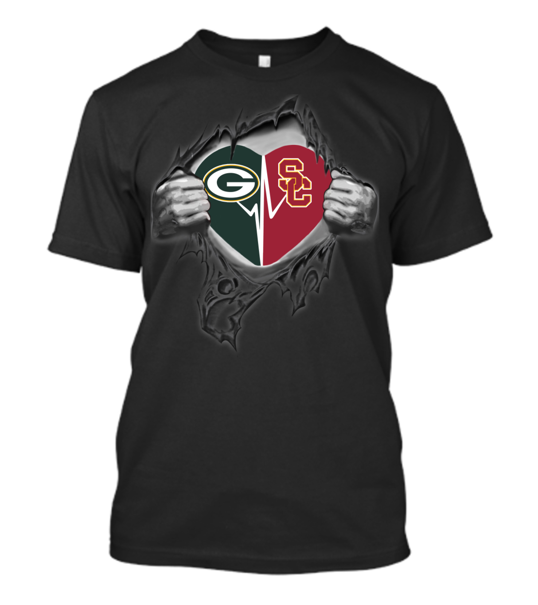 Packers Usc Trojans Heart Design With Dual Logos T-Shirt