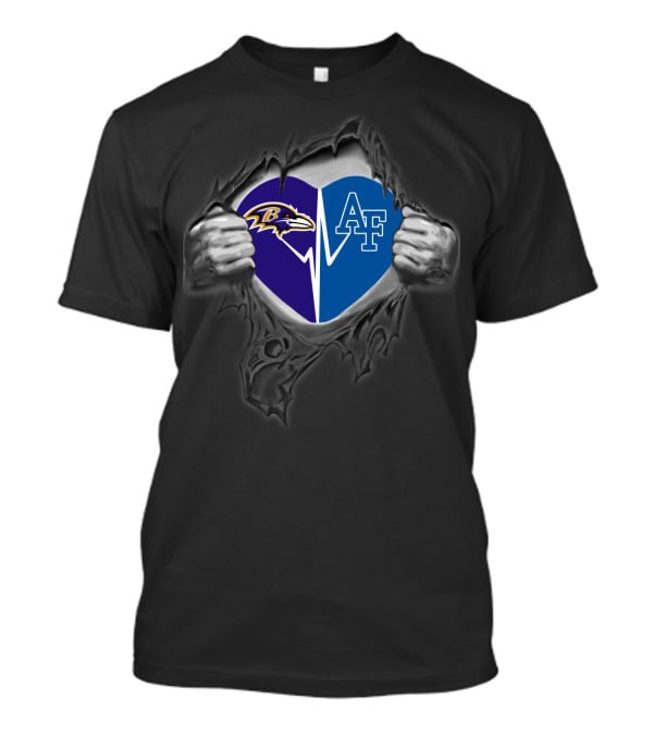 Ravens And Air Force Falcons Heart Design With Torn Fabric Effect T-Shirt