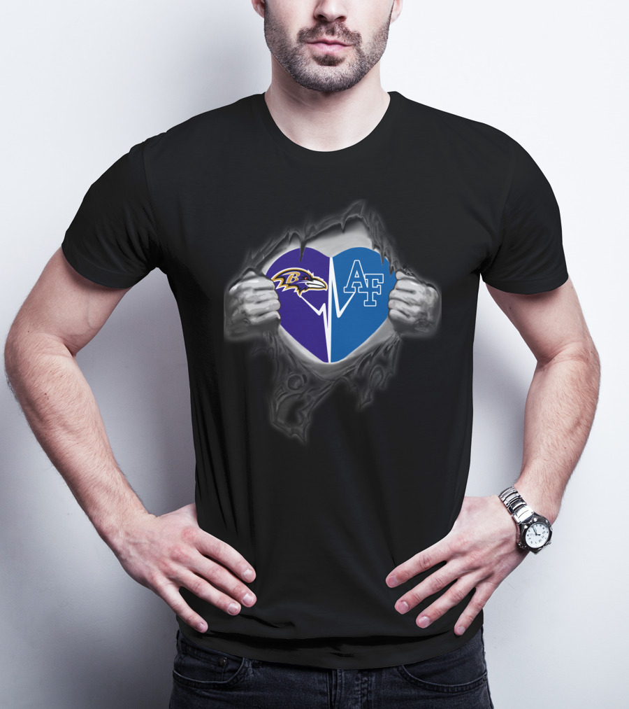 Ravens And Air Force Falcons Heart Design With Torn Fabric Effect T-Shirt